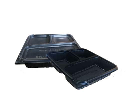 Square Container Base & Lid 3-Compartments Black 150/Sets - Disposable King
