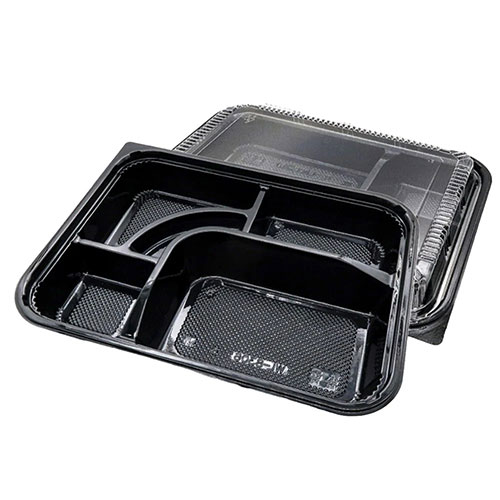 Japanese Bento Box 5 Compartment W/Lid Black - Disposable King
